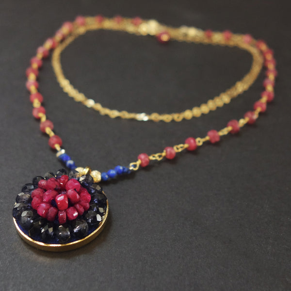 Axios: ruby, iolite, gold mosaic necklace - Sophia Forero Designs